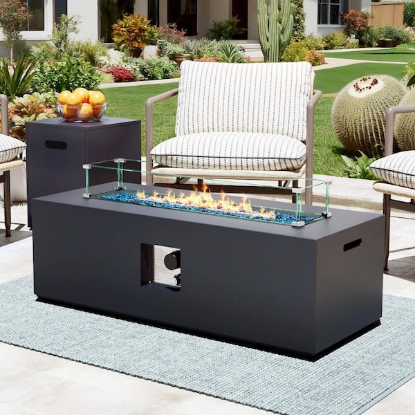 UPHA 42 in. Rectangular Iron Propane Fire Pit Table with Tank Cover and ...