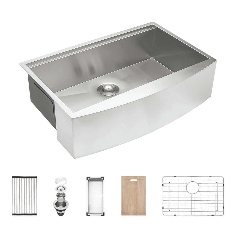 Workstation 33 in. Farmhouse Single Bowl 18 Gauge Stainless Steel Apron ...