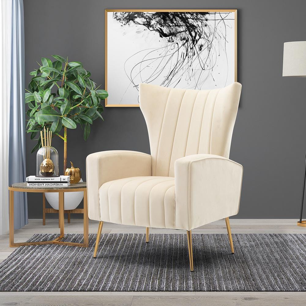 HOMEFUN Beige Velvet Wingback Chair with Golden Legs HFHDSN-131BG - The ...
