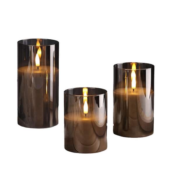 OGETFUUR 3-Set Smoke Grey Glass Flameless Candles with Remote ...