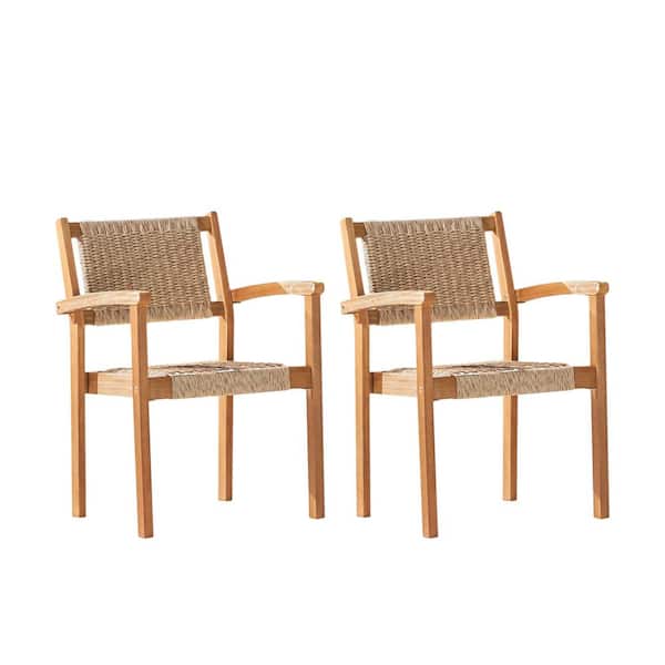 Light Brown Wood Dining Chairs (Set of 2)-Stackable Chairs with Wicker ...
