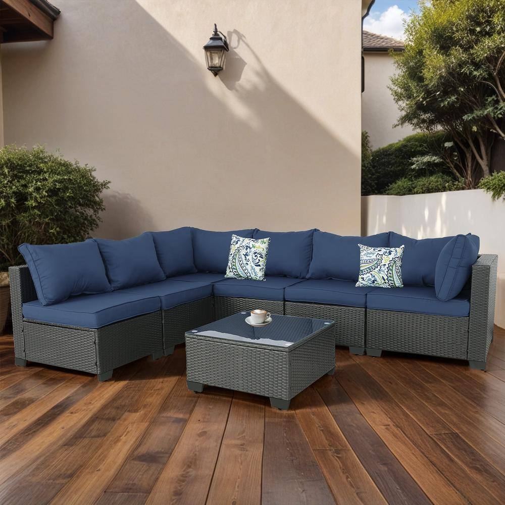 Tenleaf 7-Piece Dark Brown Wicker Patio Conversation Set with Dark Blue ...