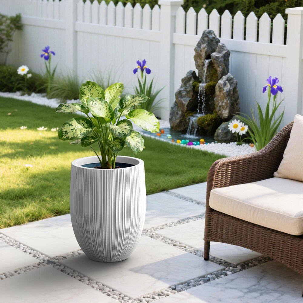DurX-litecrete 17 in. Large Pearl White Concrete Round Fluted Planter ...