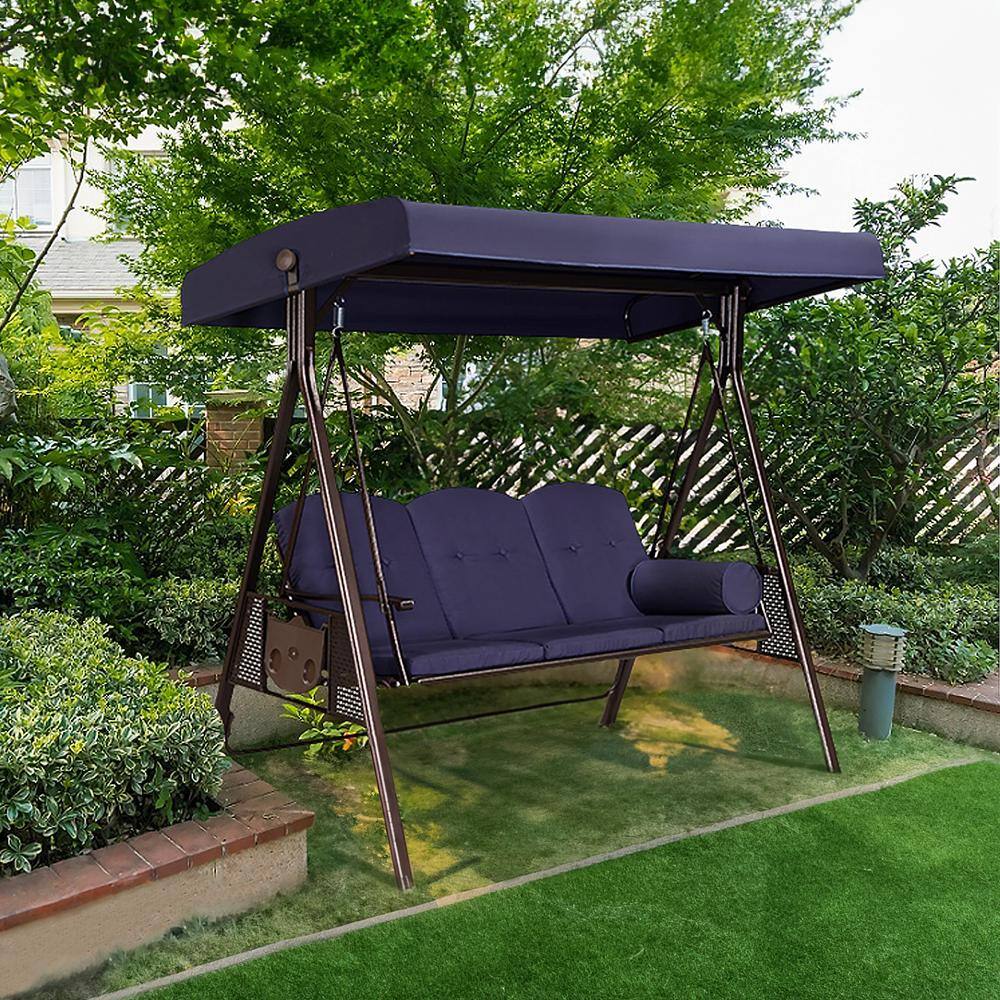PURPLE LEAF 3-Person Steel Metal Patio Swing with Foldable Side Table ...