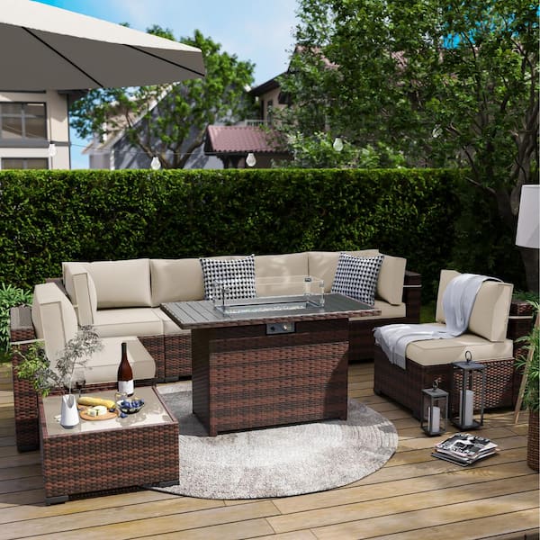 ELPOSUN Brown 8-Piece Wicker Patio Conversation Set with Fire Pit Table ...