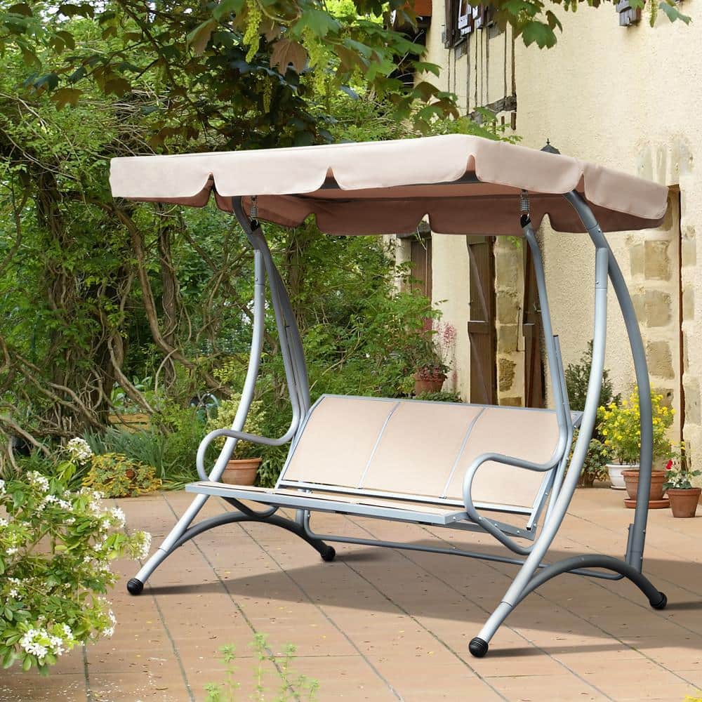 Sudzendf Beige 3-Seat Outdoor Metal Patio Swing with Adjustable Canopy ...