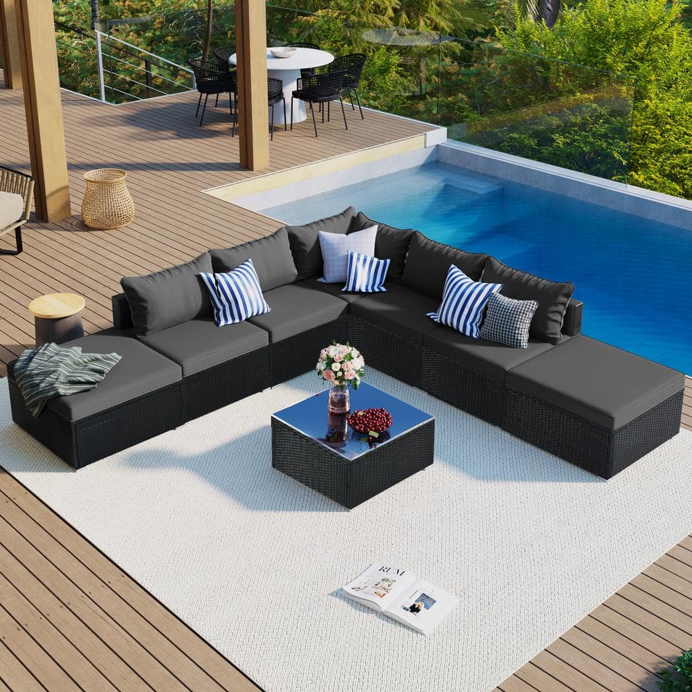 8-Piece Black Wicker Outdoor Patio Sectional Sofa Set with Gray ...