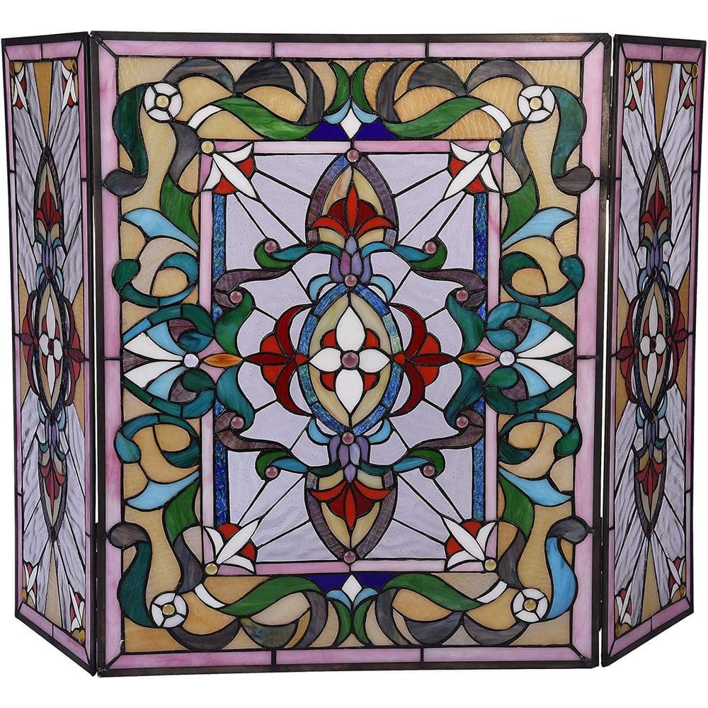 HOME IMPORTS EMPORIUM Multi Color Glass 3-Panel 44 in. Folding Fireplace Screen with Doors ...