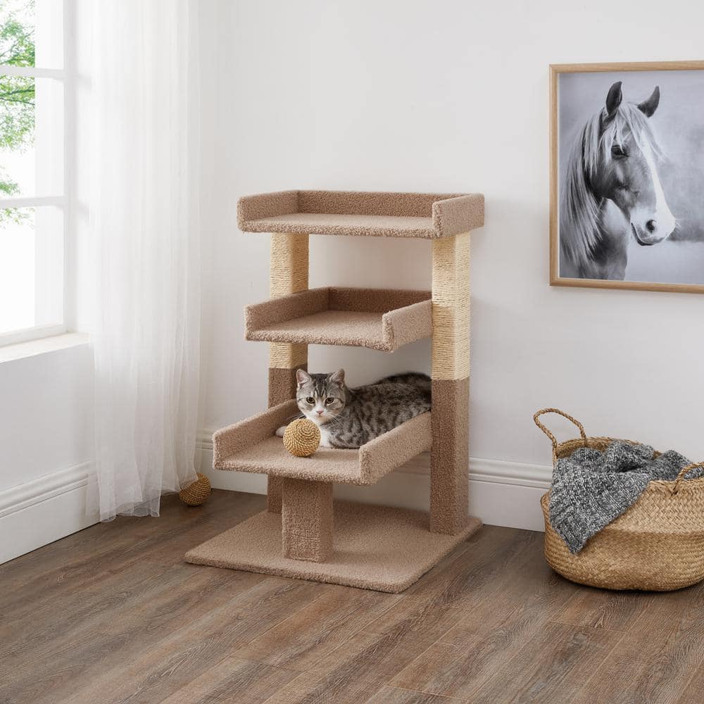 HOMESTOCK Beige Triple Cat Tree, Multi-Level Cat Condo Play House ...