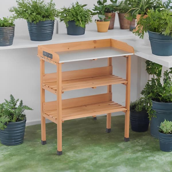northbeam Natural Wood Folding Potting Bench with Zinc Table Top ...