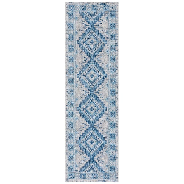 SAFAVIEH Courtyard Light Gray/Blue 2 ft. x 8 ft. Border Aztec Medallion ...
