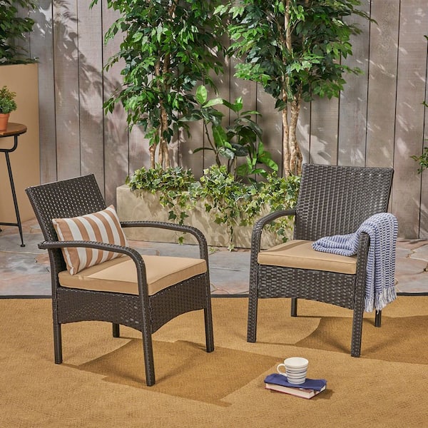 2-Piece Wicker Outdoor Dining Chair, Patio Armchair with Tan Cushions ...