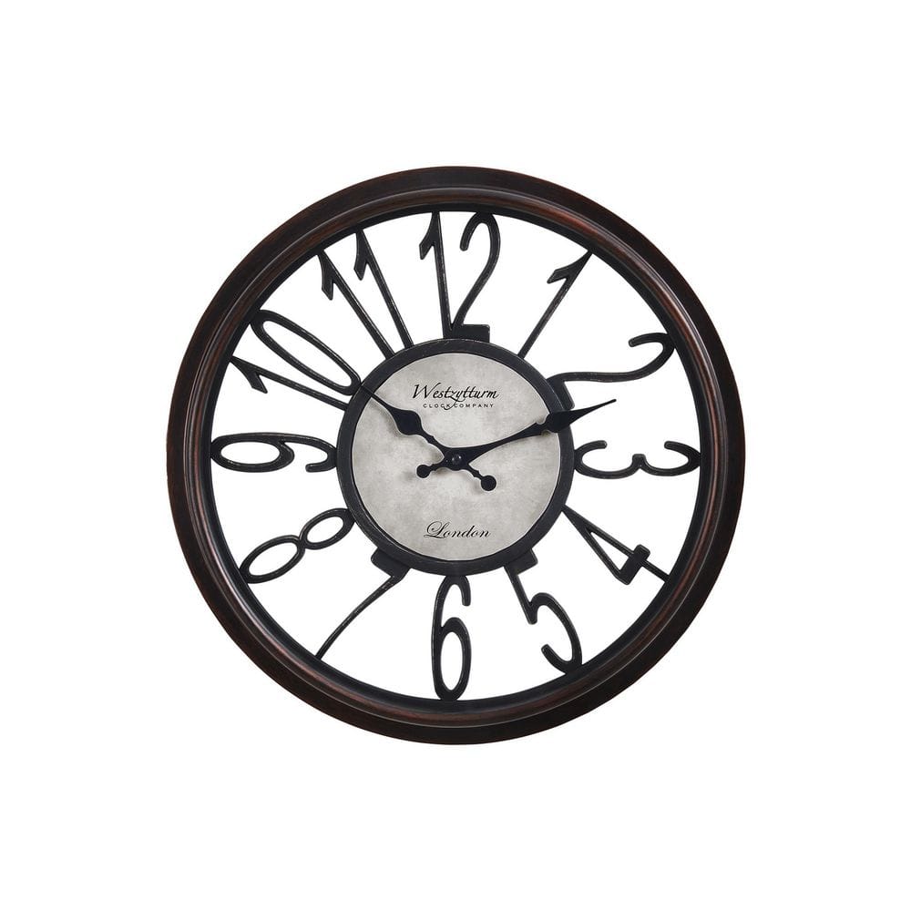 16 in. Antique Brown Round Skeleton Wall Clock with Nostalgic Print ...