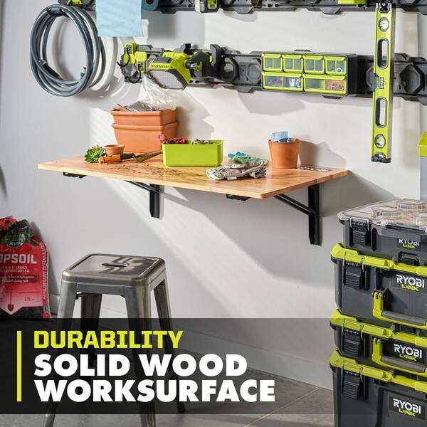 RYOBI Wall Mounted Stow Away Worktable with USB Lithium Clamp Fan Kit ...