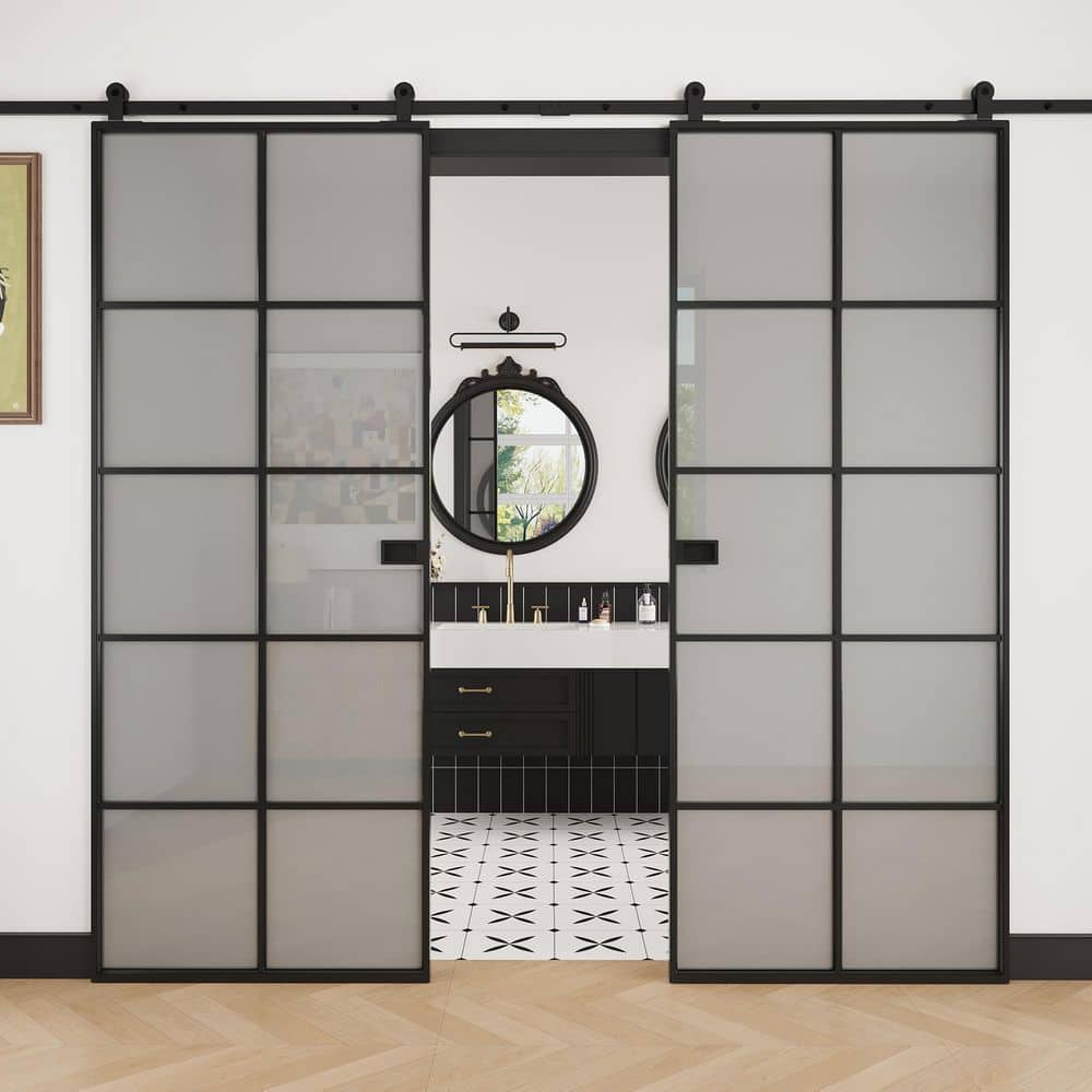 ARK DESIGN 72 in. x 80 in. 10 Lite Frosted Glass Black Aluminum ...