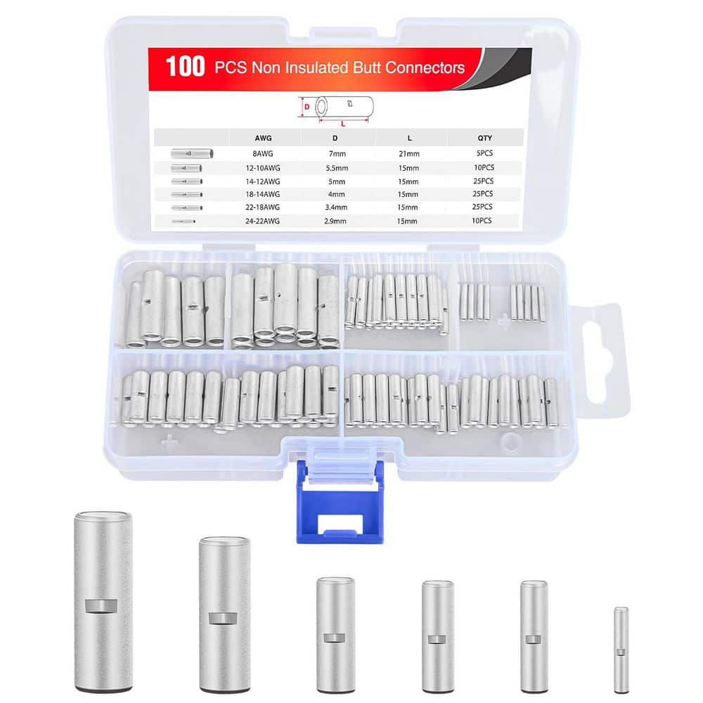 25 Amp 12-Volt Non-Insulated Butt Splice Connectors Pure Copper Tin ...