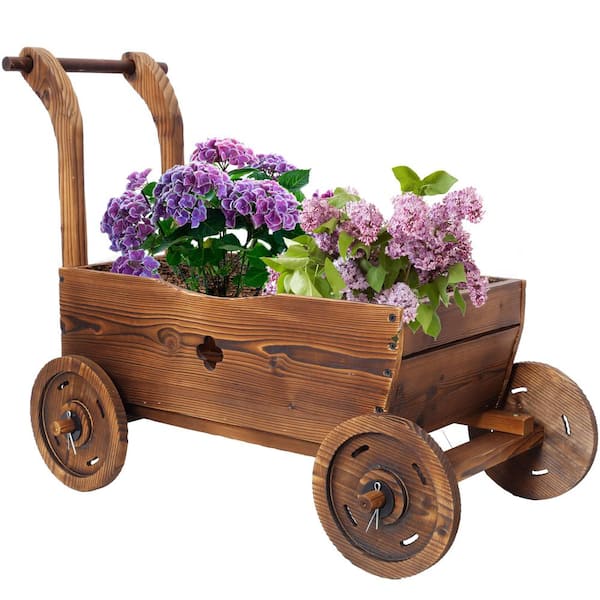 Wooden Wagon Planter Box, Mobile Garden Planter with 4 Wheels Plant ...