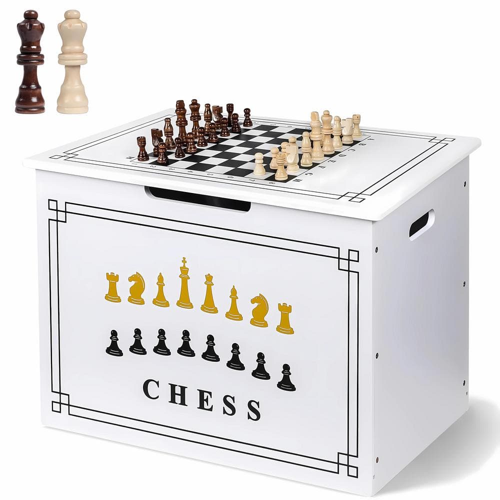 Runesay 23.6 in. White Wooden Chess Board with Chessmen Toy Box Storage ...