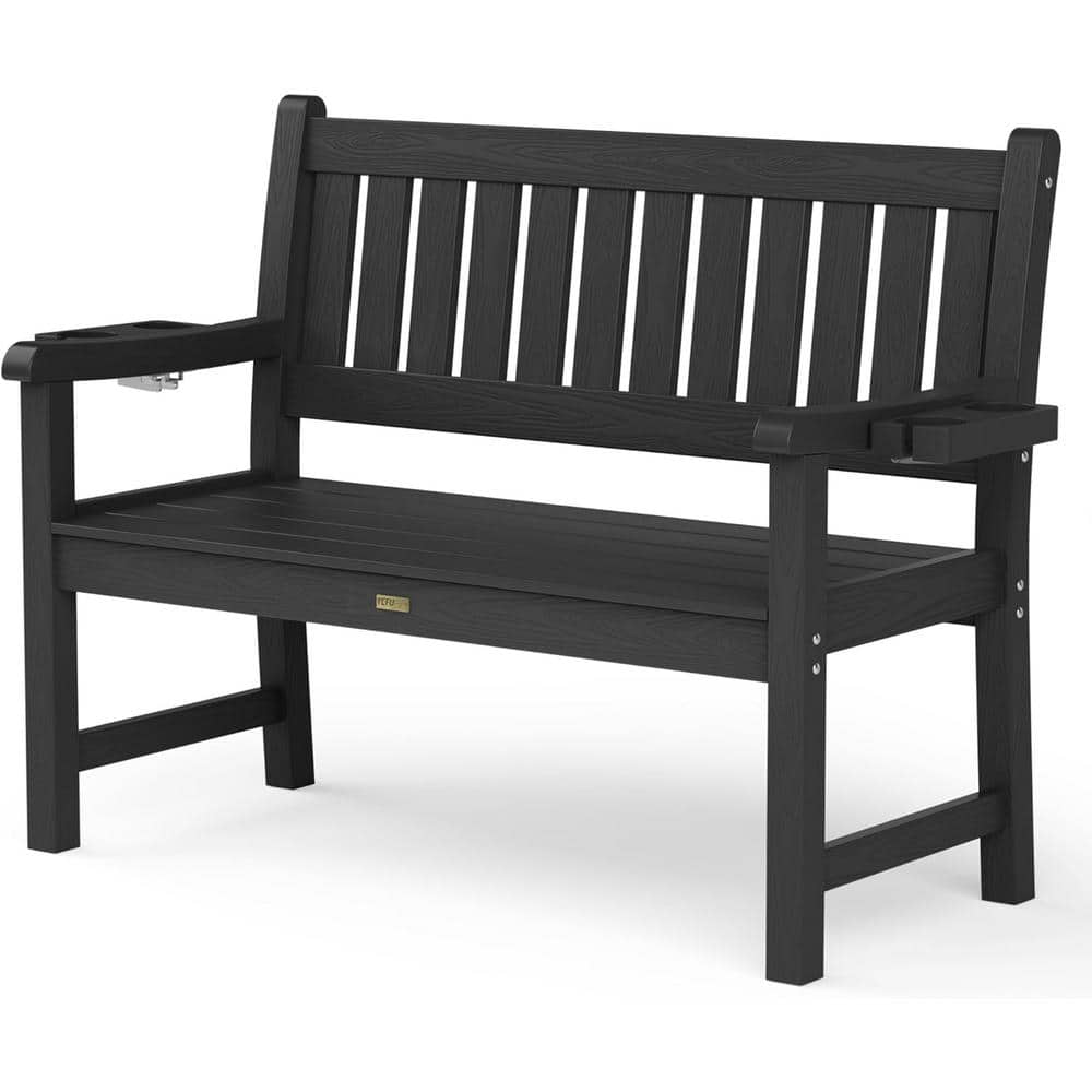 Mximu Black 47 in. 2-Person Plastic Outdoor Garden Bench with Dual Cup ...