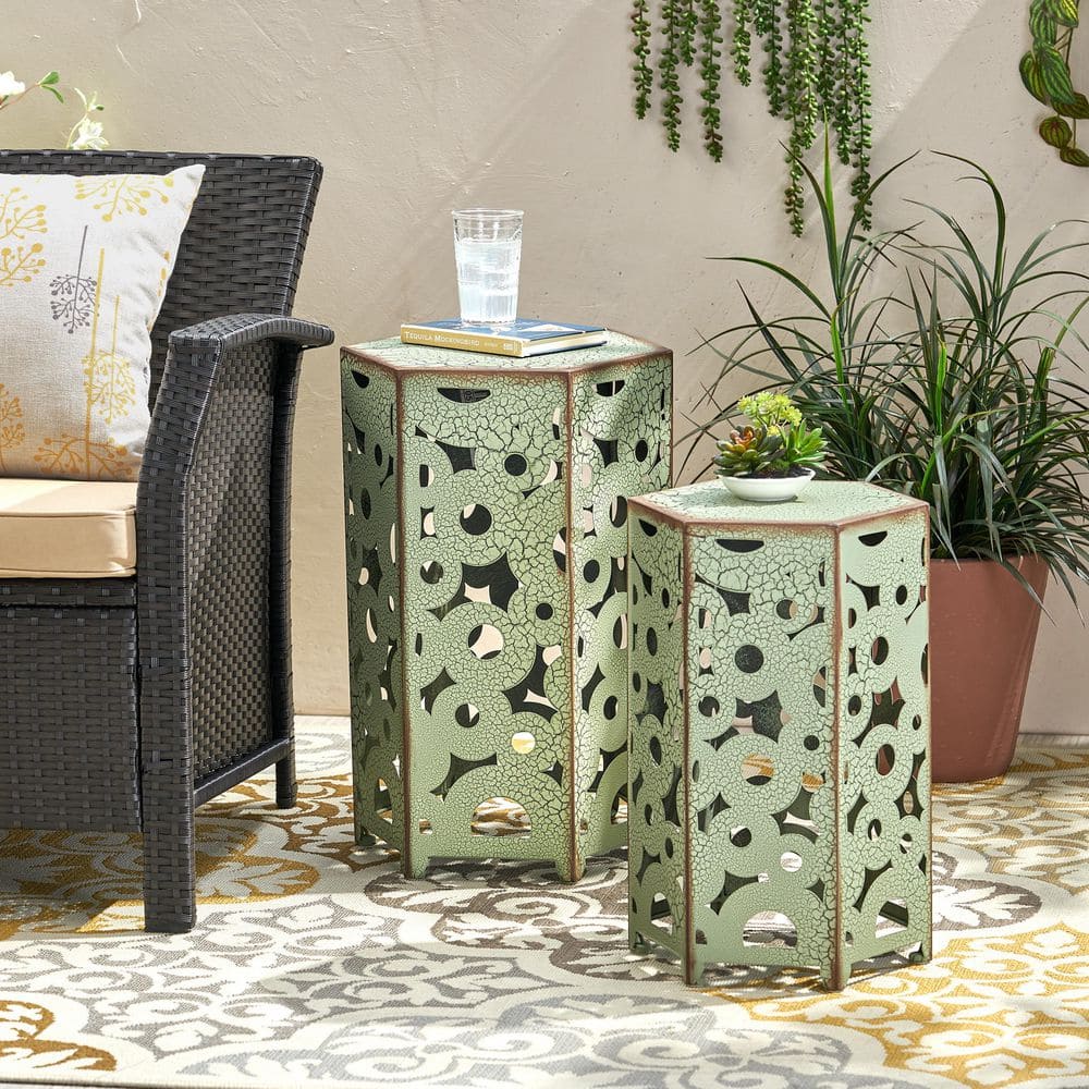 Antique Green Hexagon Metal Outdoor Side Table, Adjustable Levelers ...