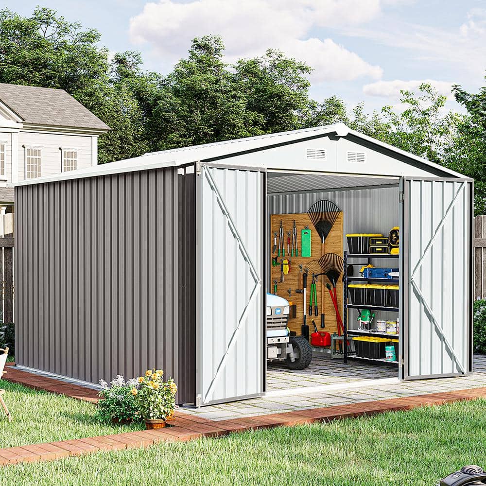 Sizzim 10 ft. W x 10 ft. D Storage Metal Shed with 4 Air Vents, Double ...