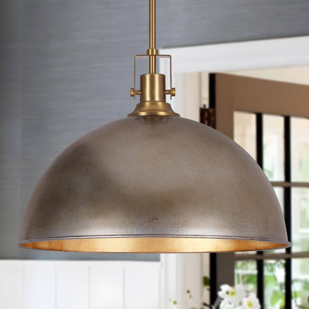 1-Light Distressed Silver Single Pendant Light with Metal Dome Shade ...