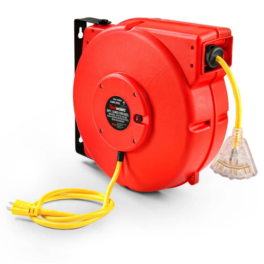 REELWORKS 80 ft. 12/3 15 Amp Retractable Extension Cord Reel with 3 ...