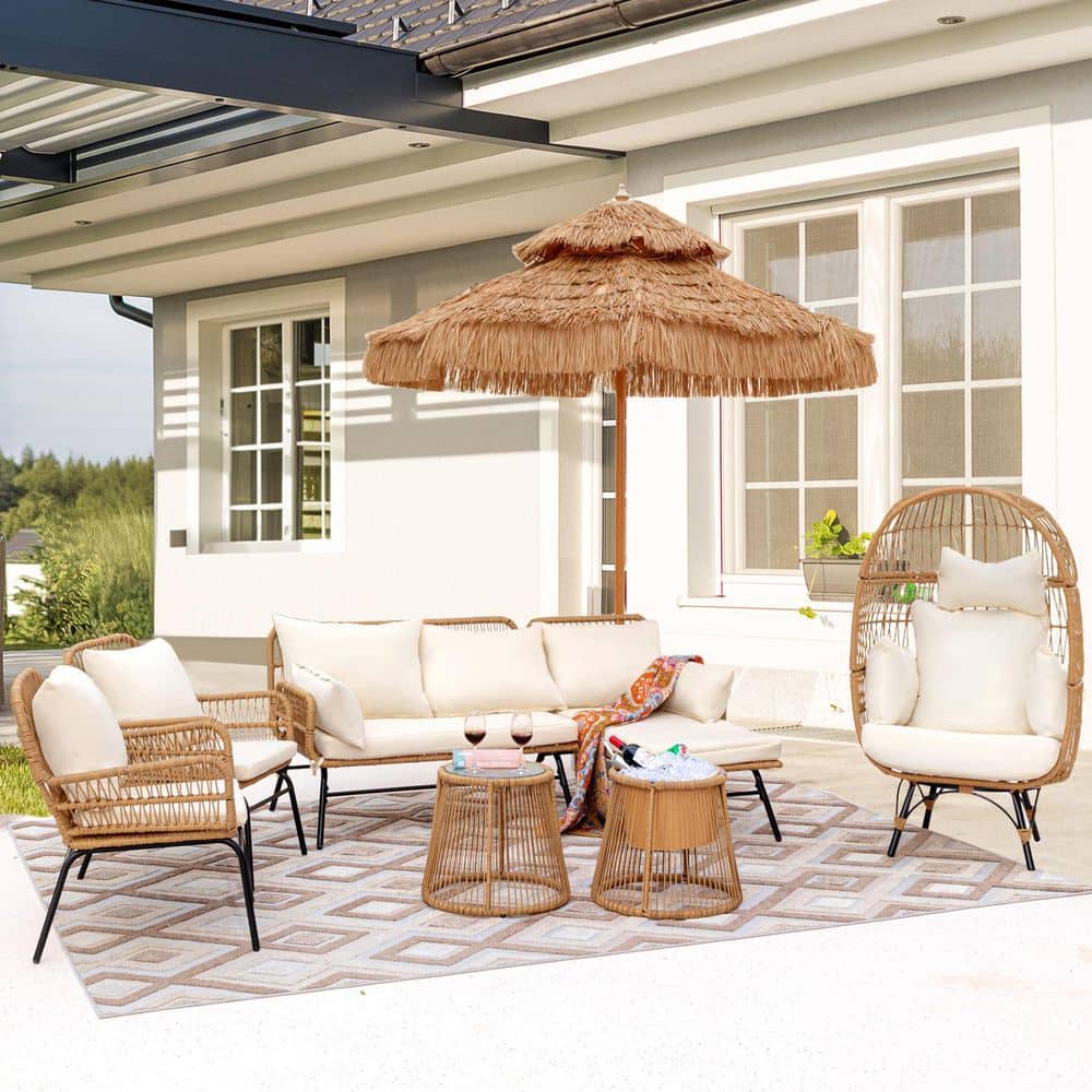 FINCATI 6-Piece Boho Outdoor Furniture Patio Beige Wicker Conversation ...