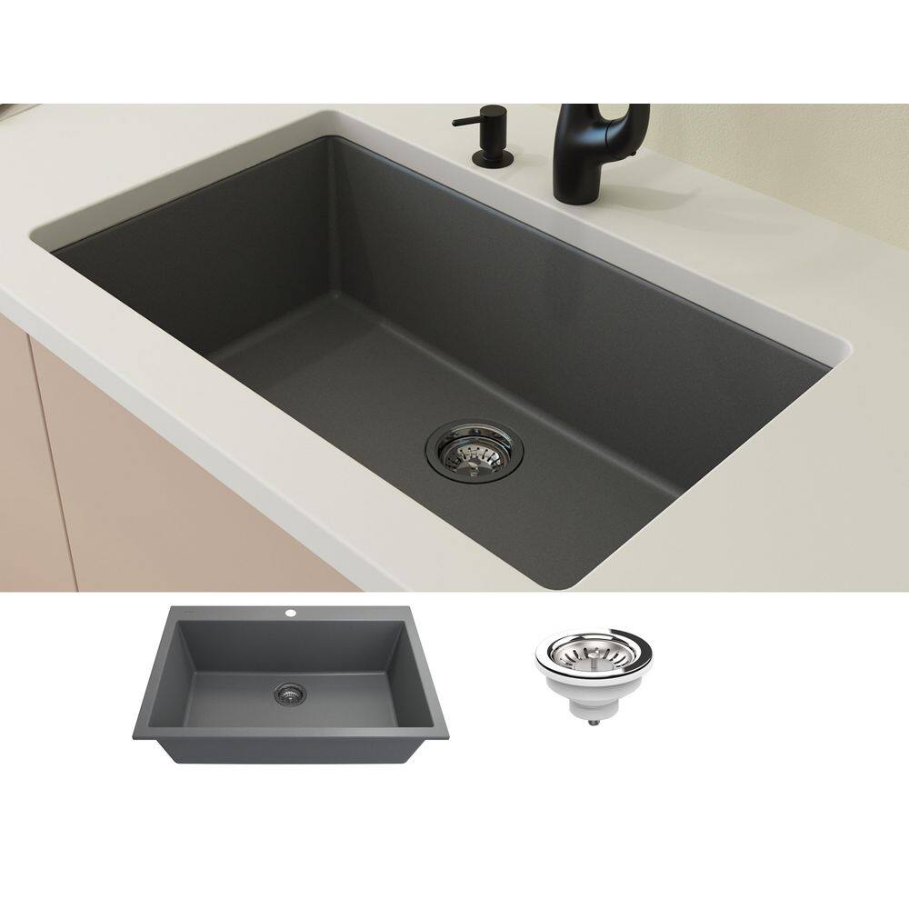 TerraLife Hyperion 33 in. Drop-In/Undermount Single Bowl Concrete Gray ...