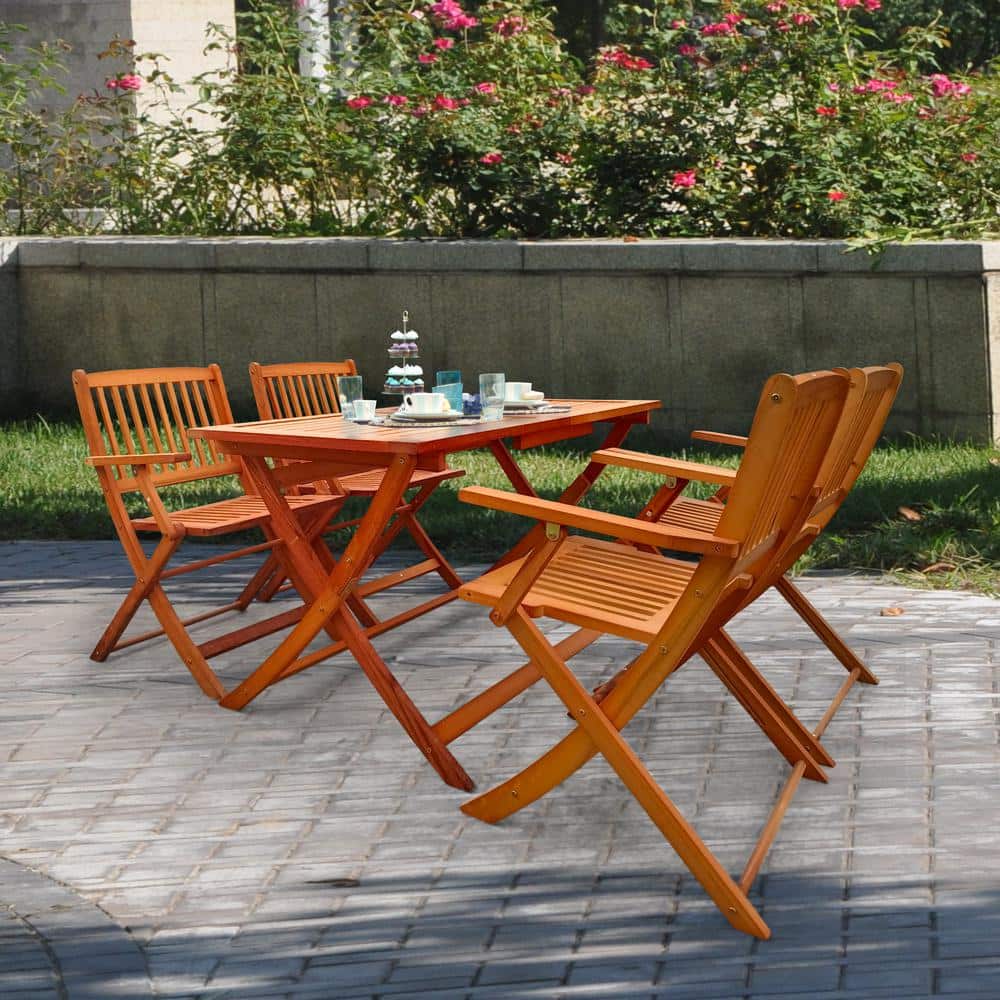Teak 5-Piece Wood Outdoor Foldable Patio Dining Set 4 Folding Chairs ...