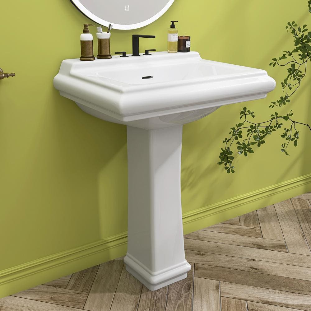 NTQ Vintage 26 in. White Vitreous China Rectangular Vessel Sink Ceramic Pedestal Sink with ...