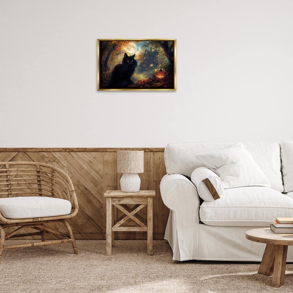 Stupell Industries Black Cat & Haunted Mansion by Wumples Gold Floater ...