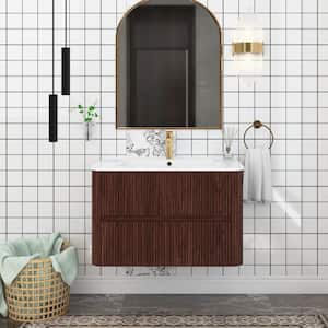 36 in. W Wall-Mounted Bath Vanity in Deep Walnut with White Ceramic Top ...