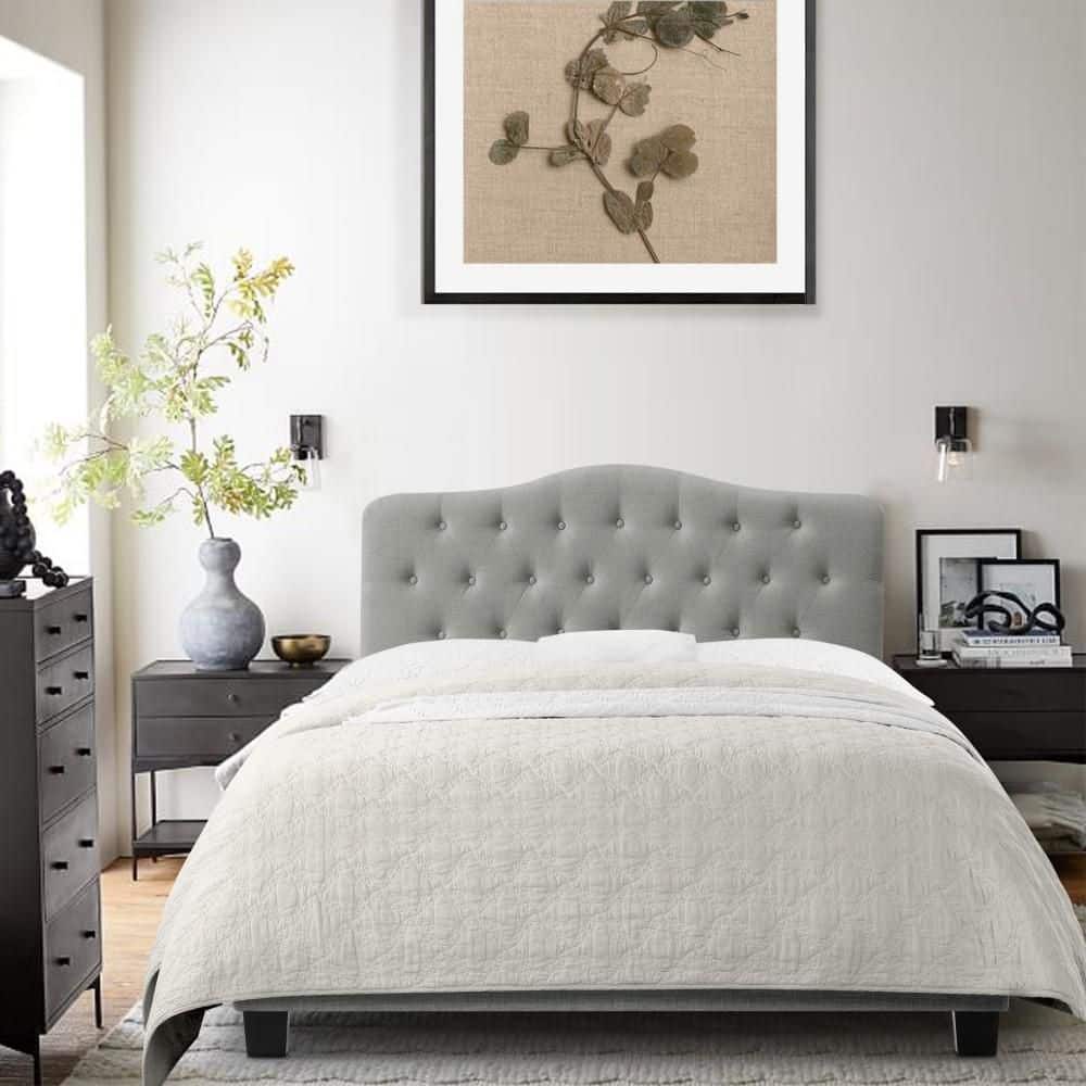 Boyel Living Light Gray Wood Frame Low Profile King Platform Bed Button ...
