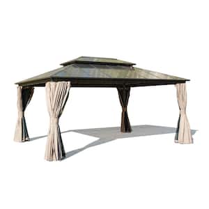 Sizzim 12 ft. x 14 ft. Brown Outdoor Gazebo, Polycarbonate Double Roof ...