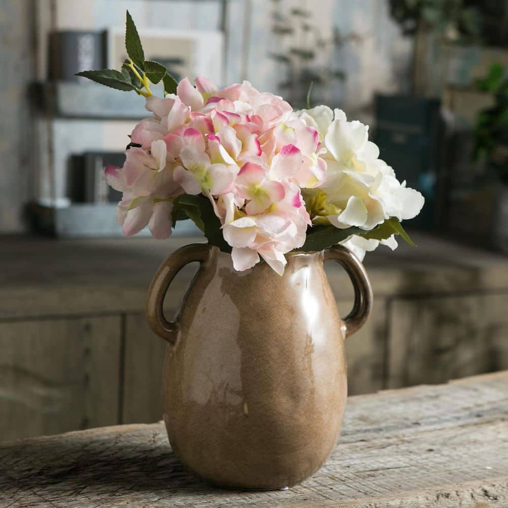 7 in. Brown Ceramic Round Vase with 2-Handles, Modern Farmhouse Vase ...