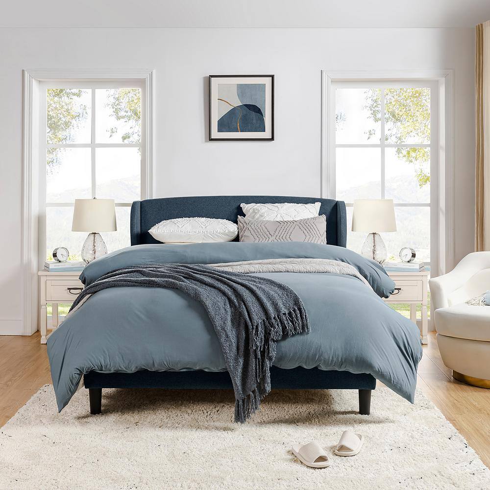 JAYDEN CREATION Eckhard Navy Upholstered Wingback Full Platform Bed ...