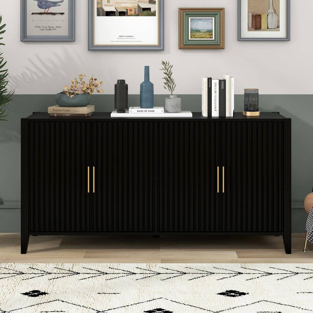 PUDO Black MDF Top 63.1 in. Sideboard With 2-Shelves Sideboard01-Black ...