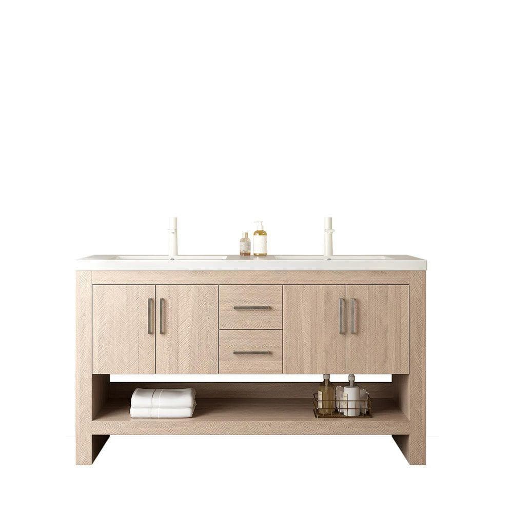 Modland Loiry 60 in. Double Sink Freestanding Light Oak Bath Vanity ...