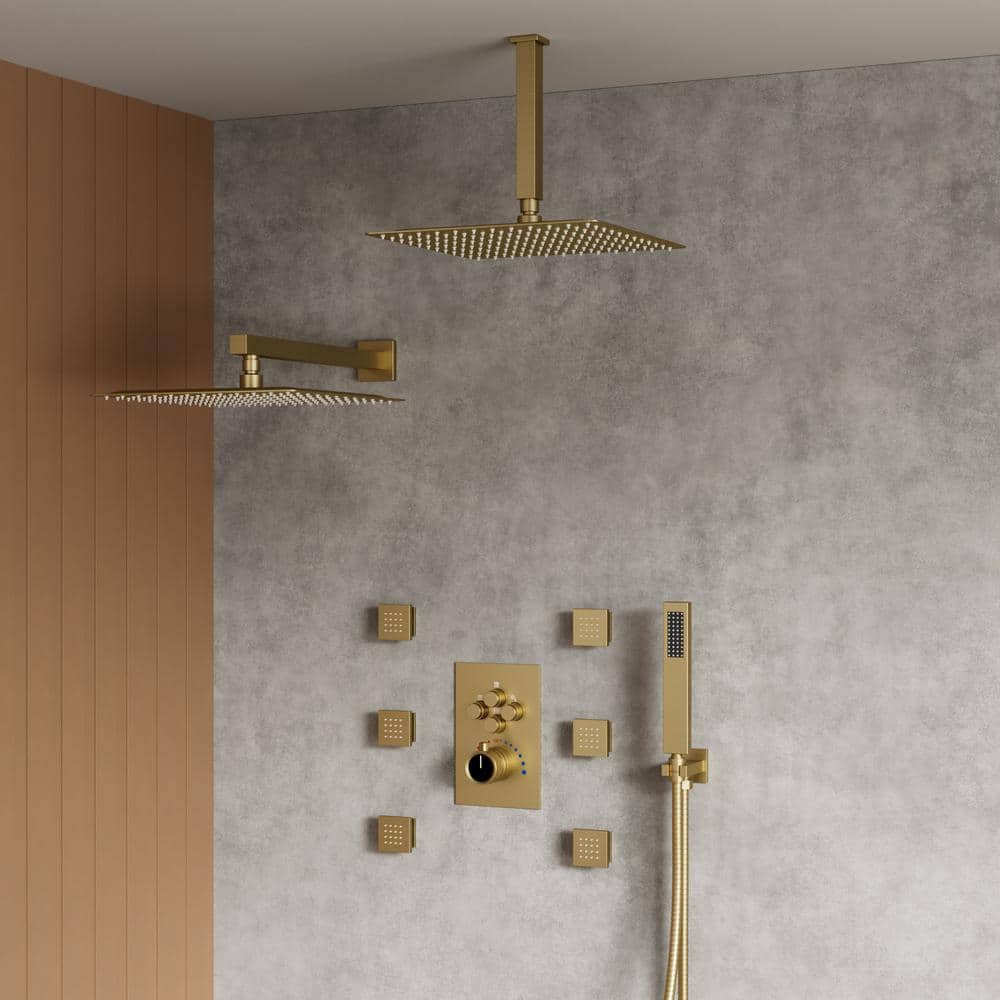 YAWWALK Thermostatic Valve 15-Spray 12 in. Ceiling Mount Dual Shower ...