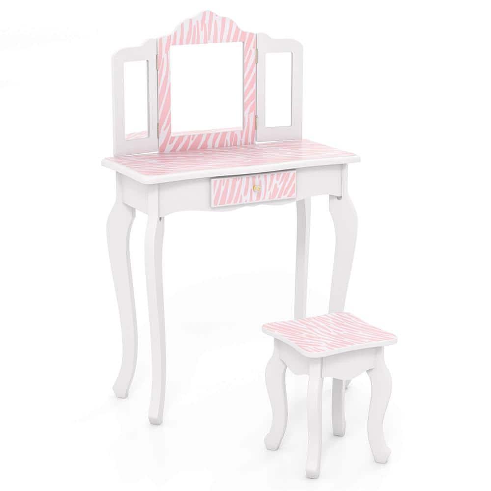 Costway 2-Piece MDF Top Pink and White Kids Vanity Set with Tri-folding ...