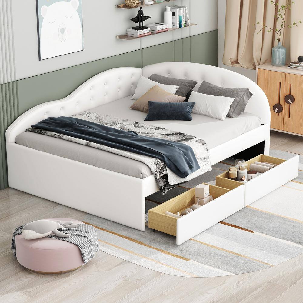 Harper & Bright Designs White Wood Frame Full Size PU Leather Upholstered Daybed with 2-Drawer ...
