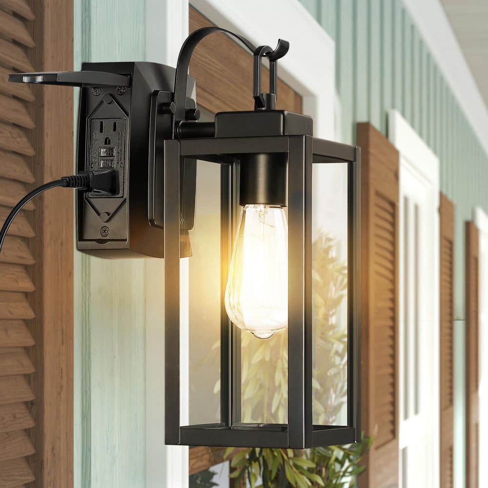Pia Ricco 1-Lights Black Exterior Porch Lights with GFCI Outlet Outdoor Sconce E26 Base 1JAY ...