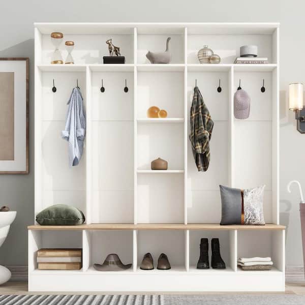 Polibi White Particle Board Wood Hall Tree with Storage Bench,Cube ...