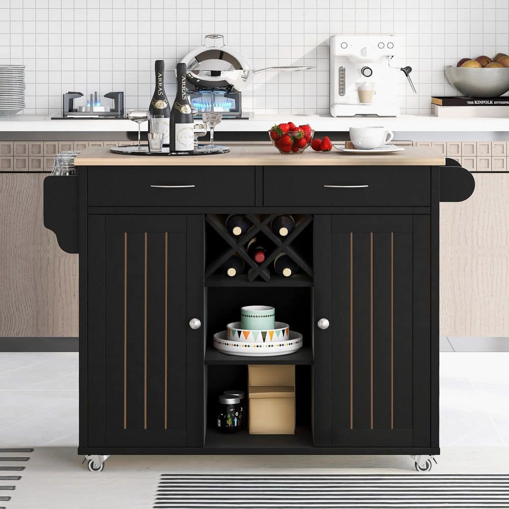 Black Kitchen Island on 4-Wheels with 2-Storage Cabinets and Wine Rack ...