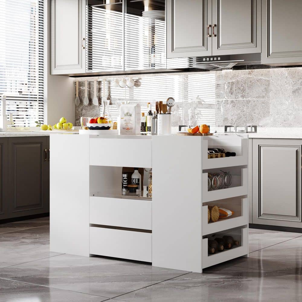 FUFU&GAGA White Glass Top 47.2 in. Kitchen Island with Multiple Storage ...