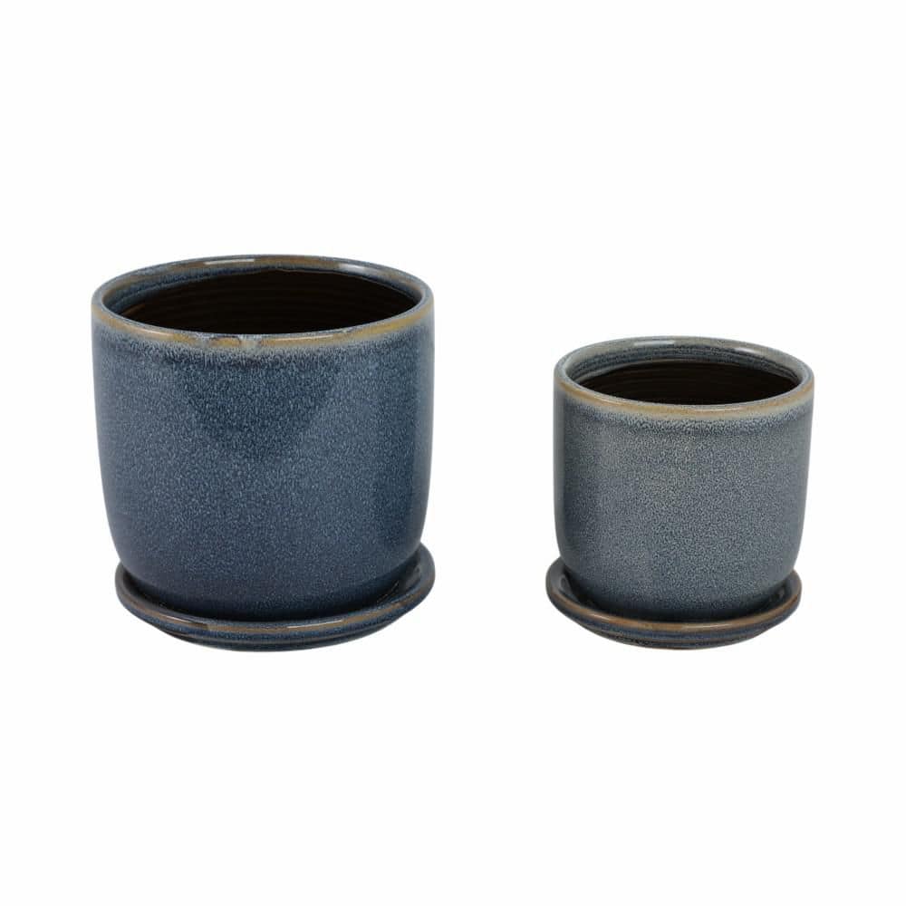 Liv & Skye 6 in. x 6 in. Blue Stoneware Decorative Pots with Saucer ...