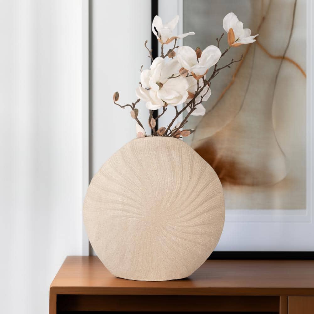 Liv & Skye 15 in. White Stoneware Round Sand Shell Decorative Vase ...