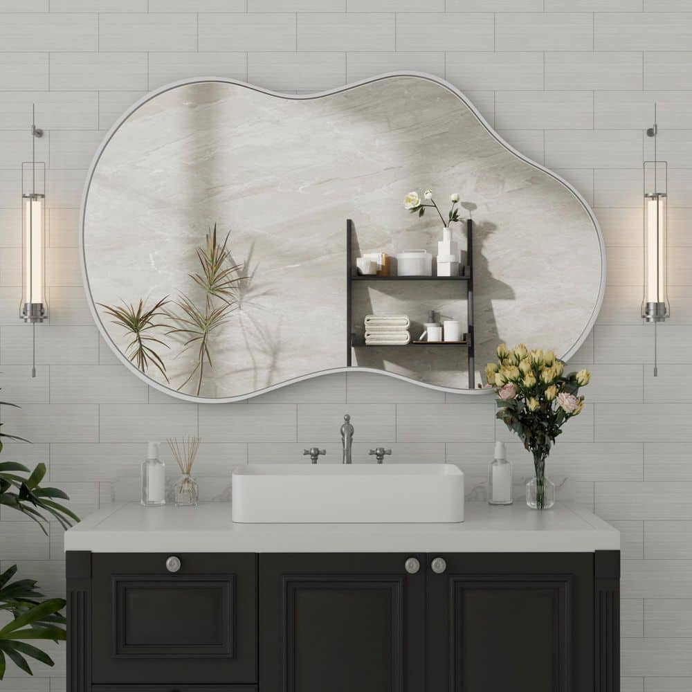 Spigel 24 in W x 36 in. H Abstract Wavy Irregular Aluminum Alloy Silver Framed Mirror Wall ...