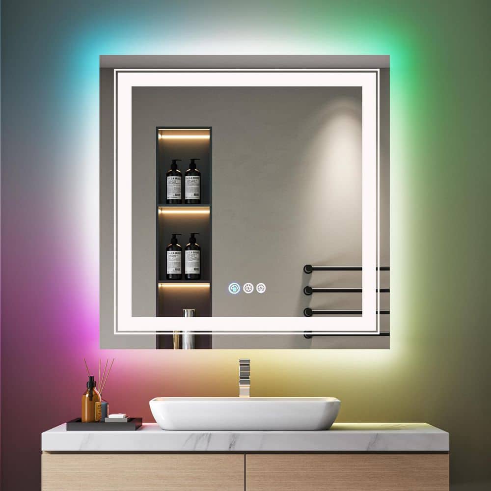 ODDSAN LED RGB Mirror 36 in. W x 36 in. H Square Frameless Anti-Fog ...